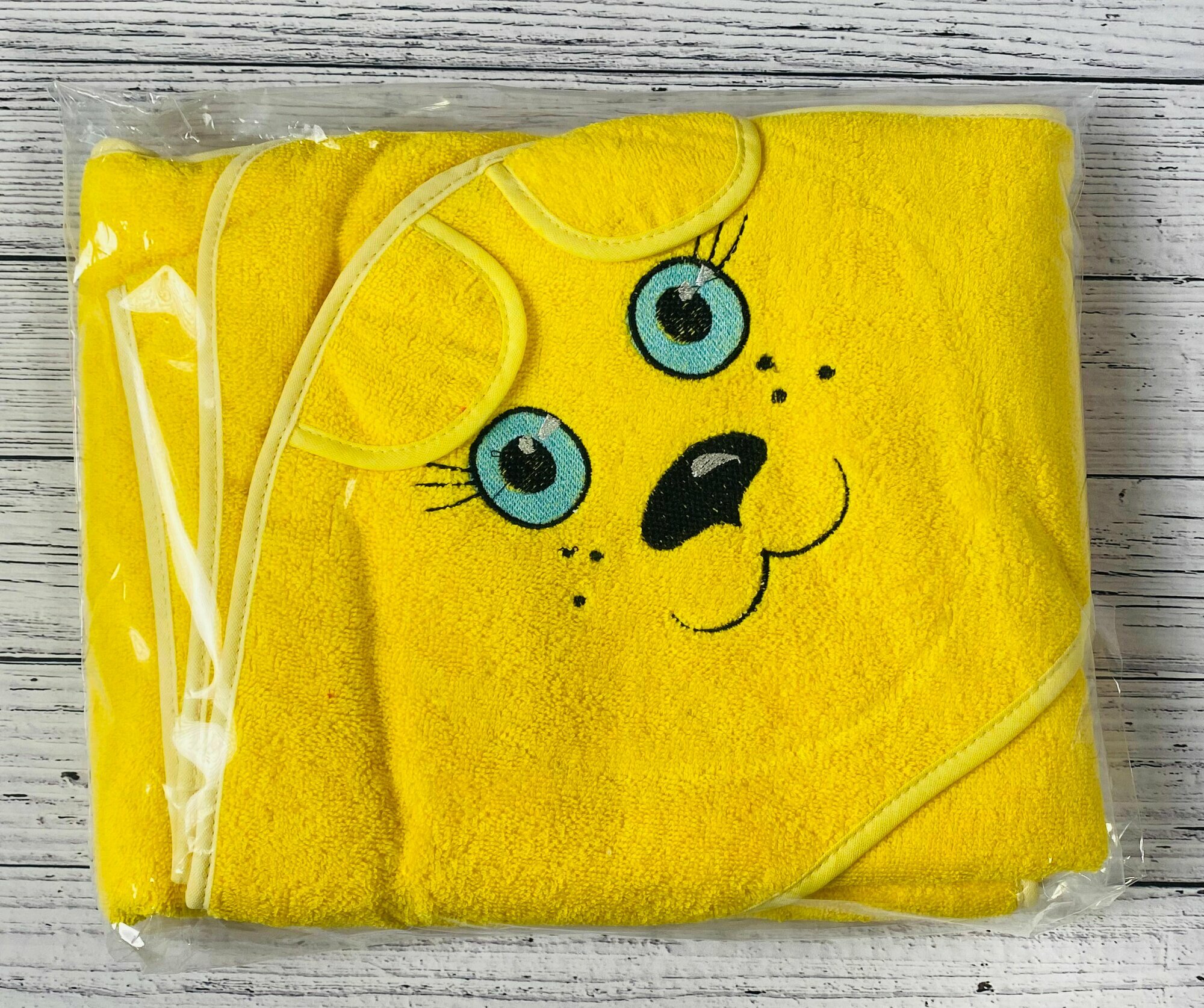 Полотенце Уголок с капюшоном махровое детское с вышивкой большое "Мишка" с ушками 100*100 см Канарейка