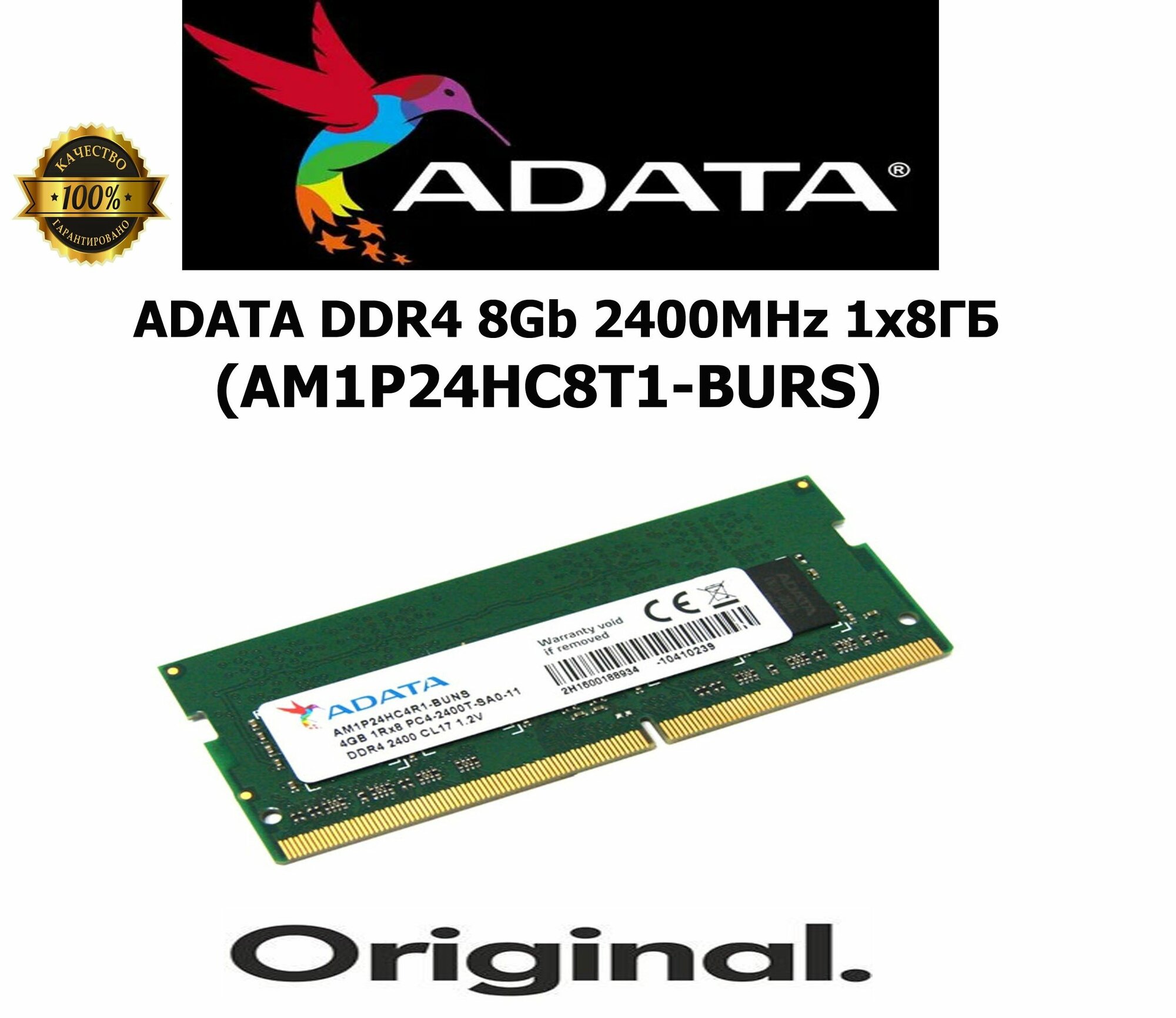 Оперативная память ADATA DDR4 8Gb 2400TMHz 1x8 ГБ (AM1P24HC8T1-BURS)