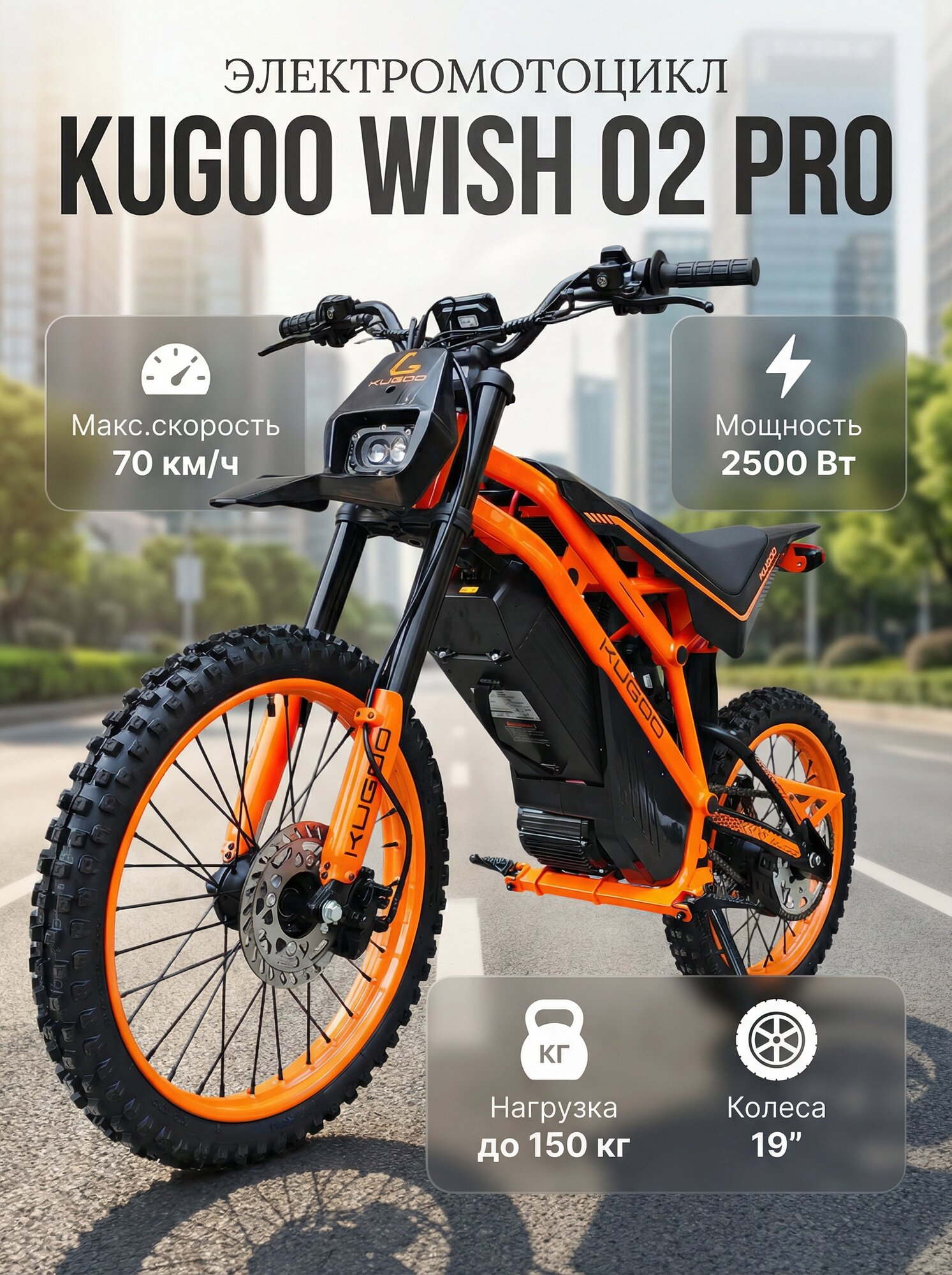 Электромотоцикл (электропитбайк) Kugoo WISH 02 Pro 60V/27Ah R19/17
