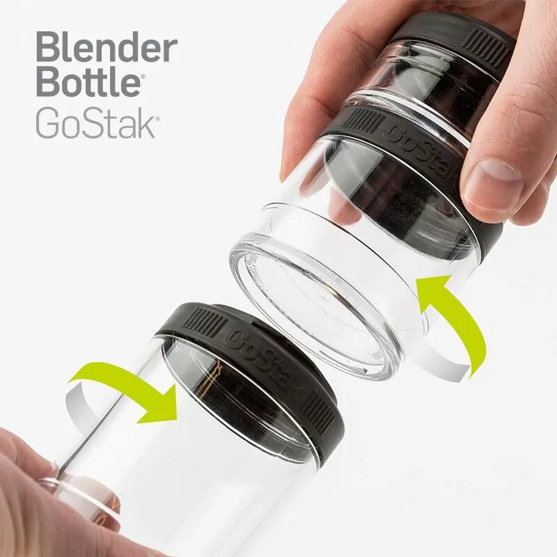 Контейнер пищевой Blender Bottle GoStak - набор из 4-х прозрачных контейнеров с черными крышками для таблеток и порошка — фото 1