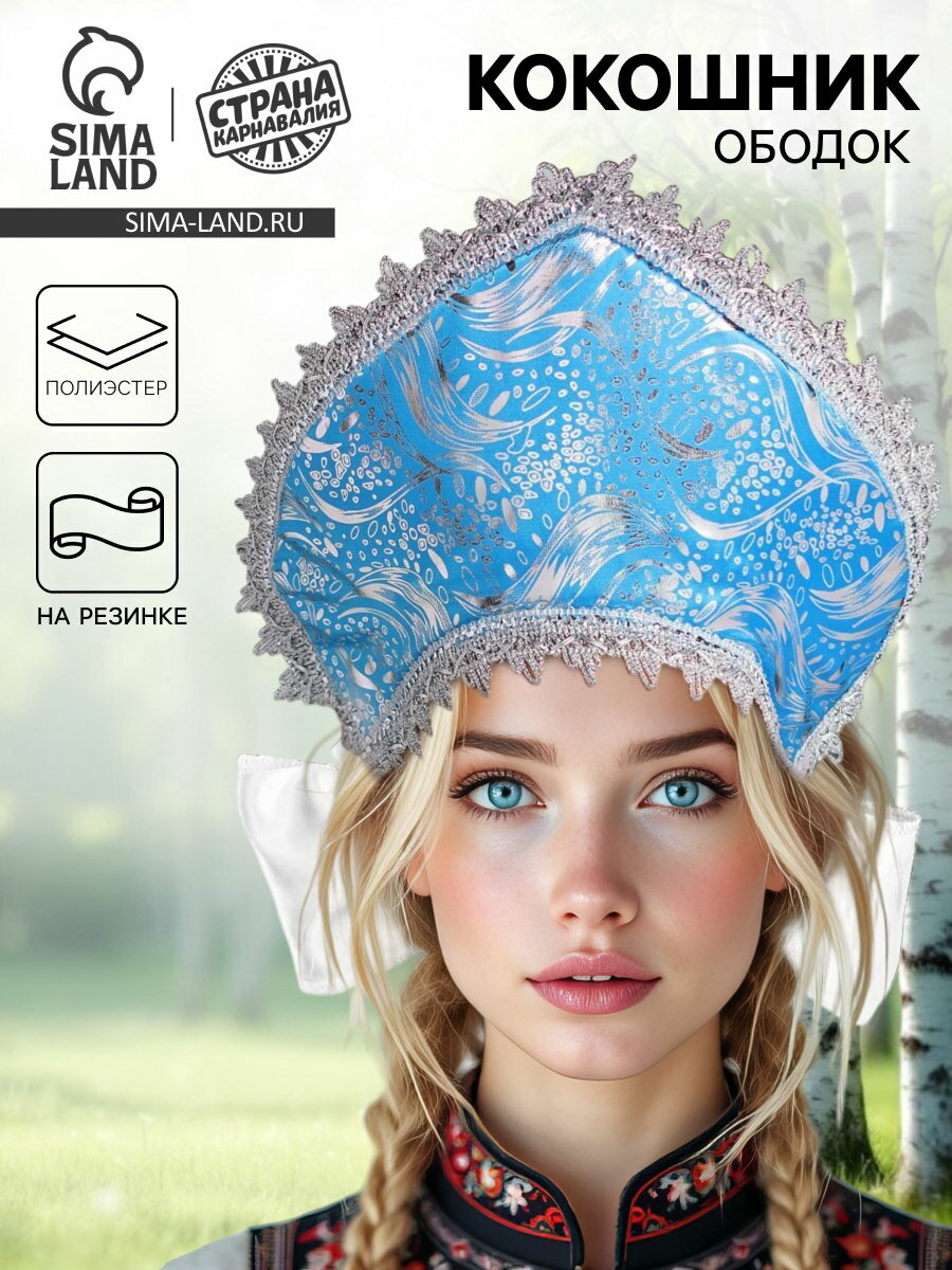 Кокошник "Всполохи", атлас, поролон, голубой, персонажи: русский народный