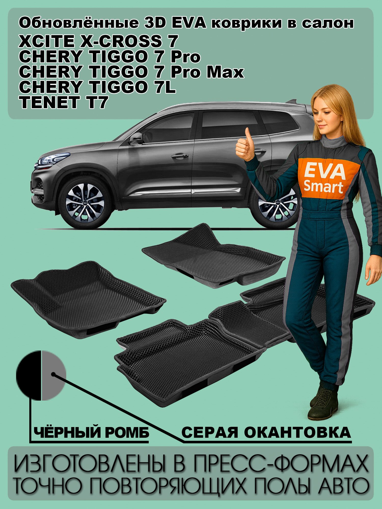 Чёрные EVA коврики ромб с серой окантовкой Xcite X-Cross 7 Иксайт, Chery Tiggo 7 Pro (Max), Chery Tiggo 7L Чери Тигго 7 Про (Макс), Tenet T7 ЭВА пресс борта