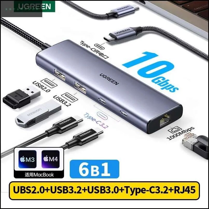 USB-концентратор Ugreen 6-в-1 (45320) USB 2.0, USB 3.2 Type-C RJ45 для Macbook