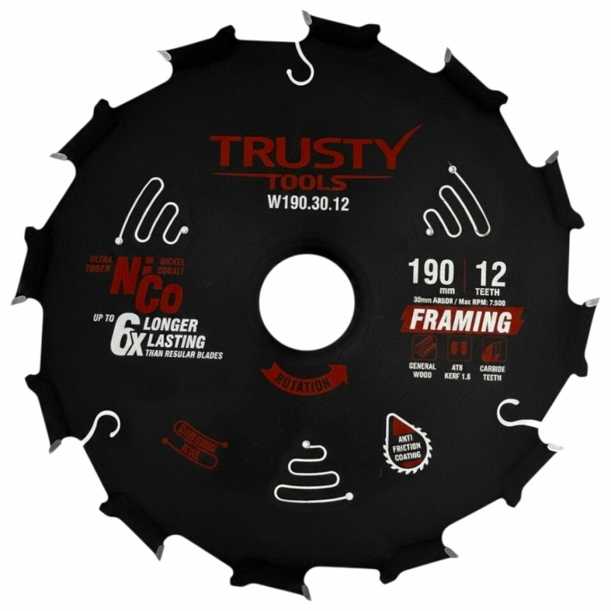 Пильный диск по дереву 190Х1,8/1,2Х30 мм Z12 Trusty-Tools Framing/Каркас для быстрого продольного пиления тефлоновое покрытие
