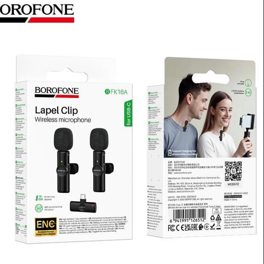 2 беспроводных петличных микрофона Borofone BFK16A для смартфонов и других устройств с разъемом USB-C (Type-C)