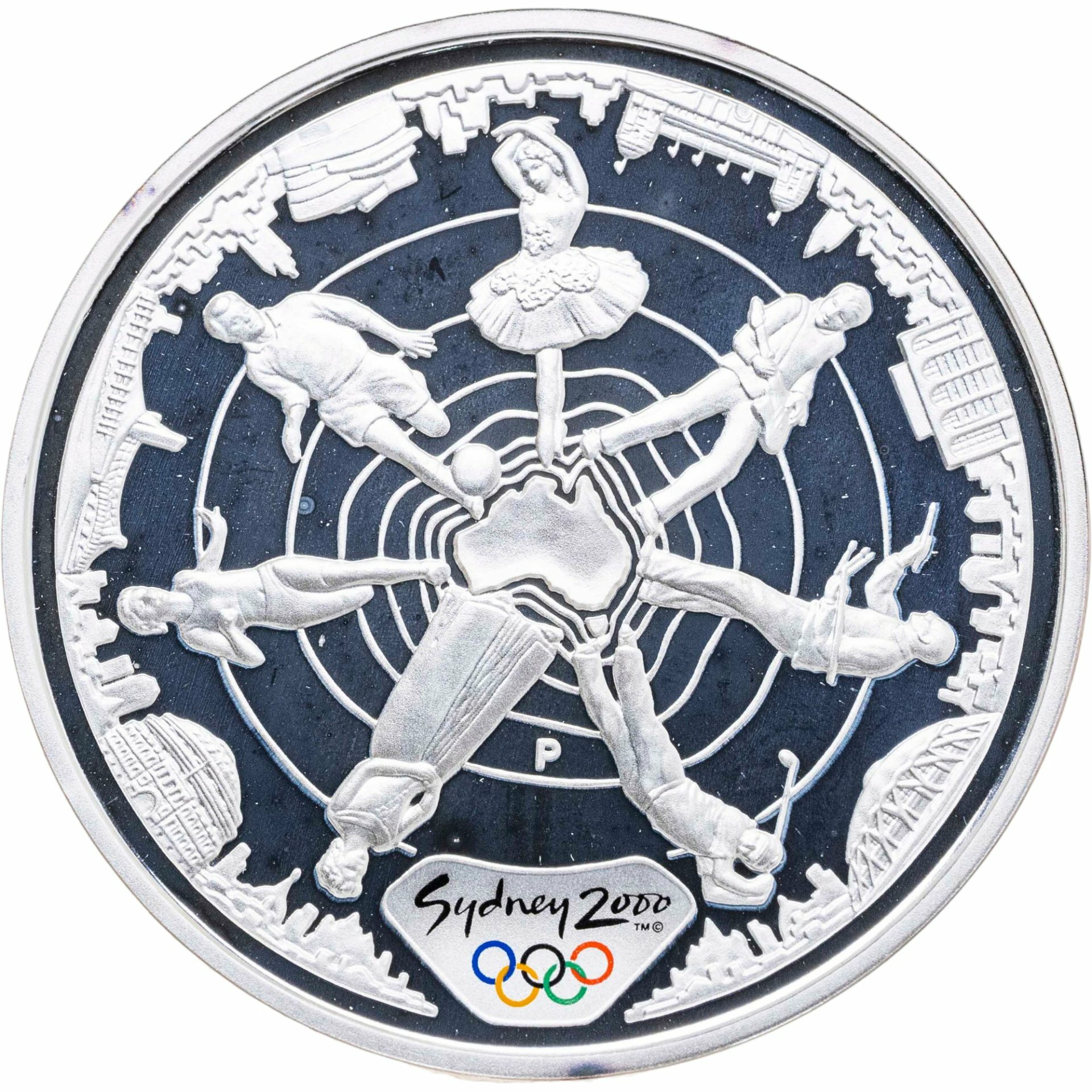 Австралия 5 долларов dollars 2000 "Олимпийские игры в Сиднее - 7 фигур вокруг Австралии", Серебро 999, в сохранности Proof