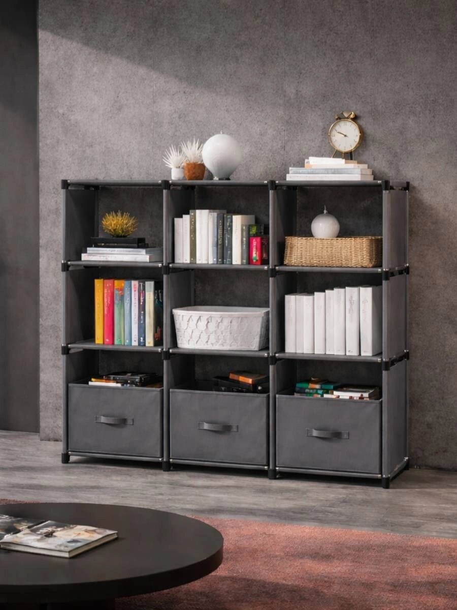 Стеллаж для хранения Ridberg в гостиную Ridberg 9 ячеек с коробками (Grey)