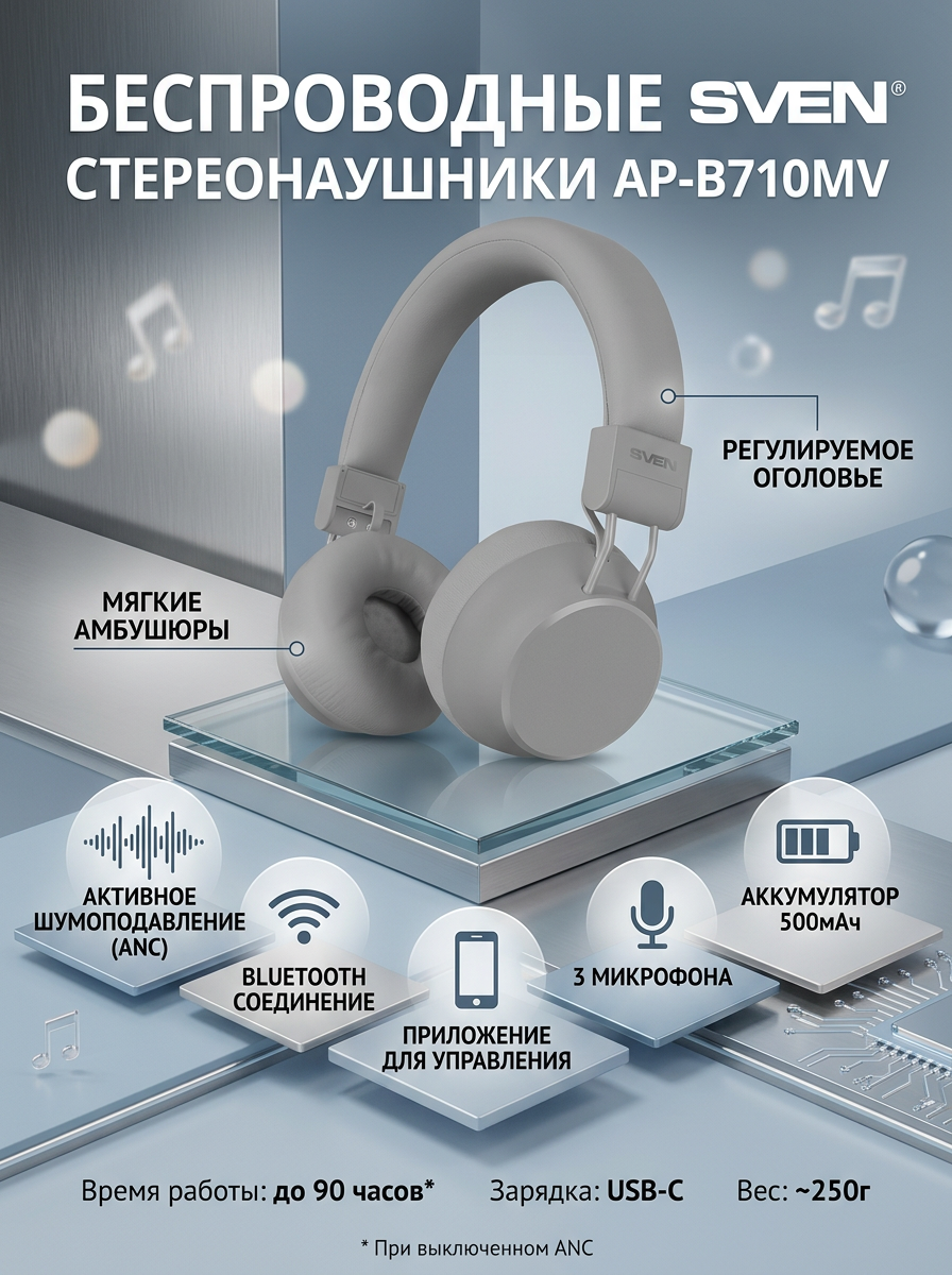 Беспроводные стереонаушники с микрофоном SVEN AP-B710MV, серый (Bluetooth, ANC, APP, 3 mics, 500mAh) (SV-022693)