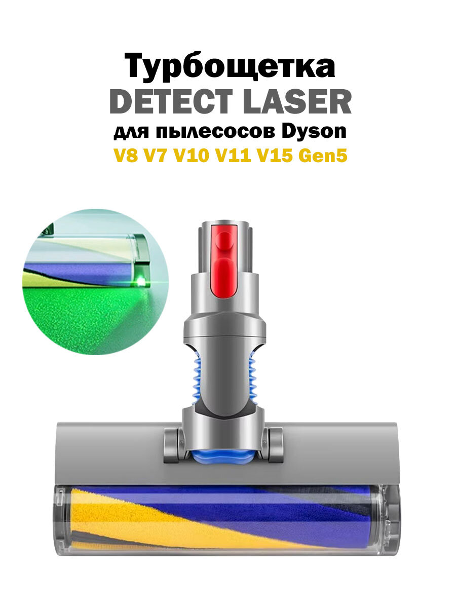 Турбощётка Lazer Detect с мягким валиком для пылесосов Dyson V8 V7 V10 V11 V15 Gen5. Щетка насадка с лазерной зеленой подсветкой и валиком Fluffy. Для уборки твердых полов : ламинат, плитка, паркет.