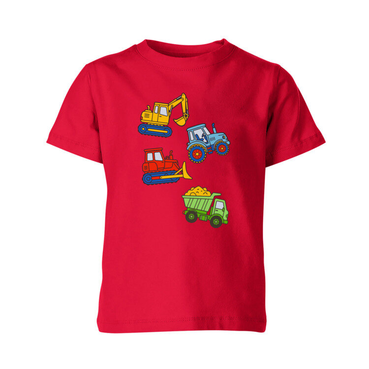 Детская футболка «Детские экскаватор трактор бульдозер самосвал» (красный, 104)