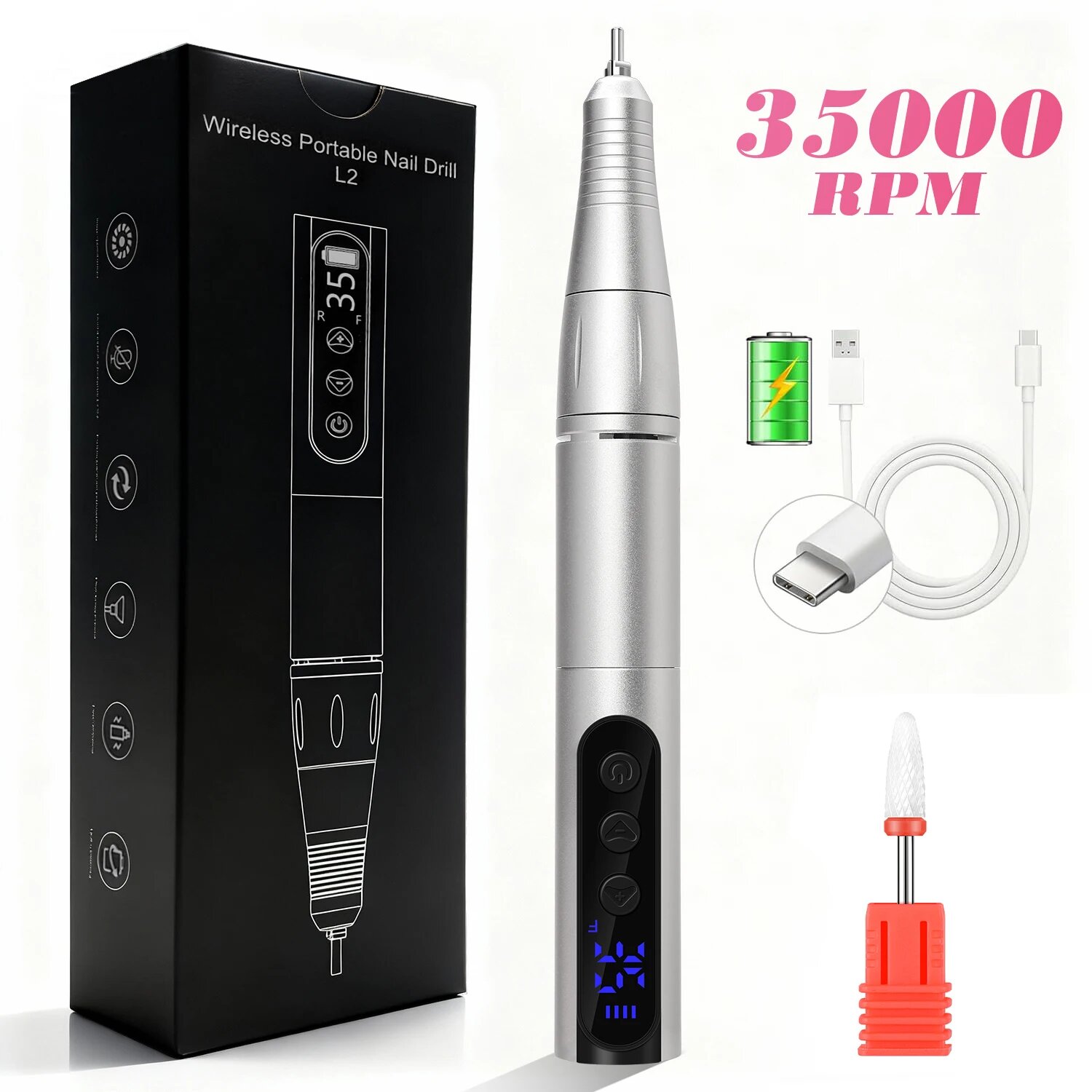 Беспроводная дрель для маникюра Nail Drill L2-sliver 35000 об/мин