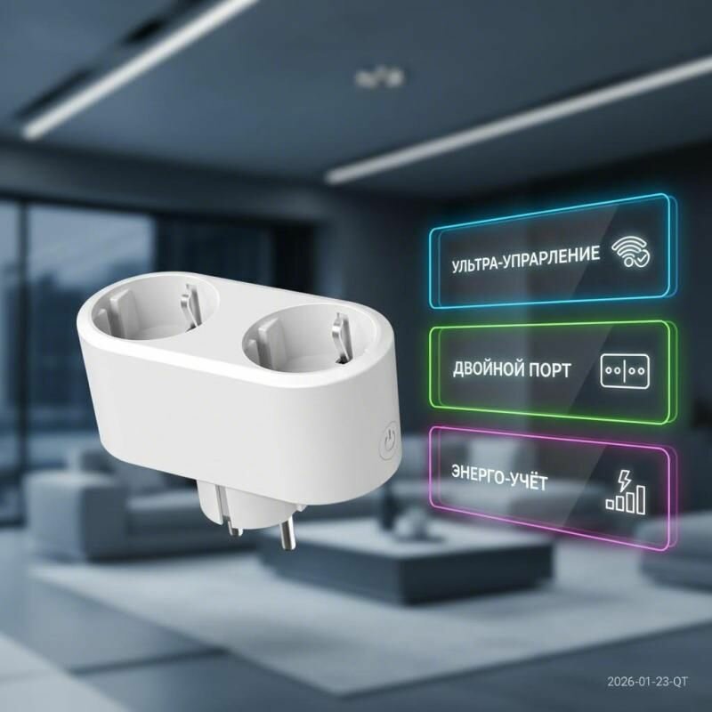 Умная розетка Wi-Fi двойная с функцией учета энергопотребления, евростандарт
