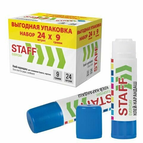 Клей-карандаш 9 г, выгодная упаковка, комплект 24 штуки, STAFF EVERYDAY, 273016