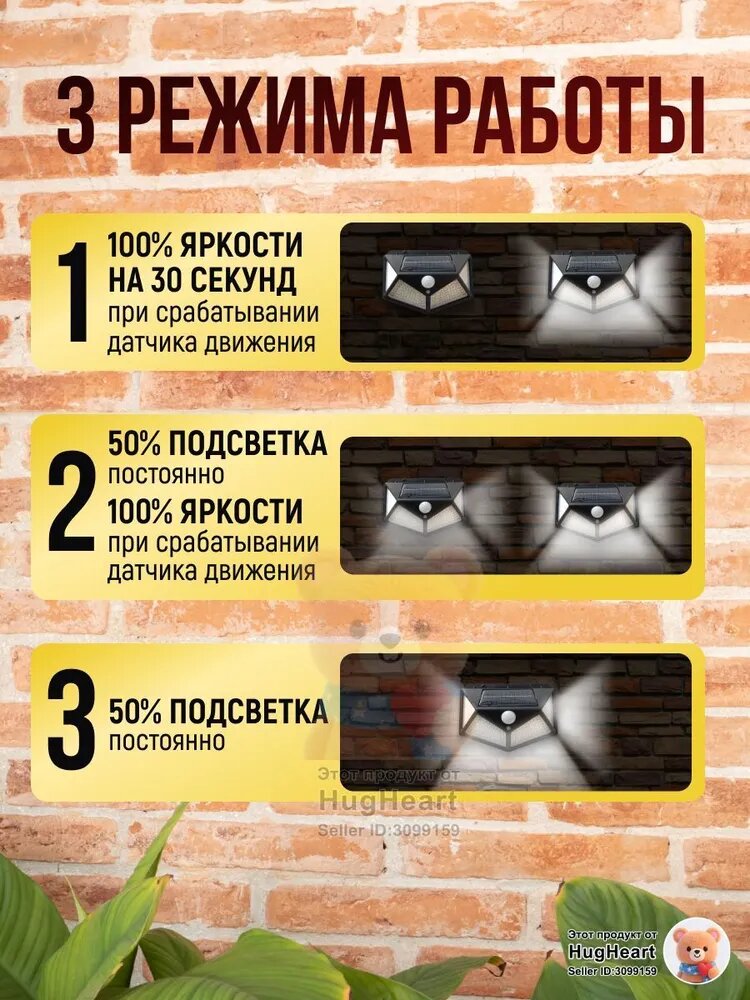 Уличный светодиодный прожектор на солнечной батарее с датчиком движения и 3 режимами работы для освещения до 30 м² — фото 1
