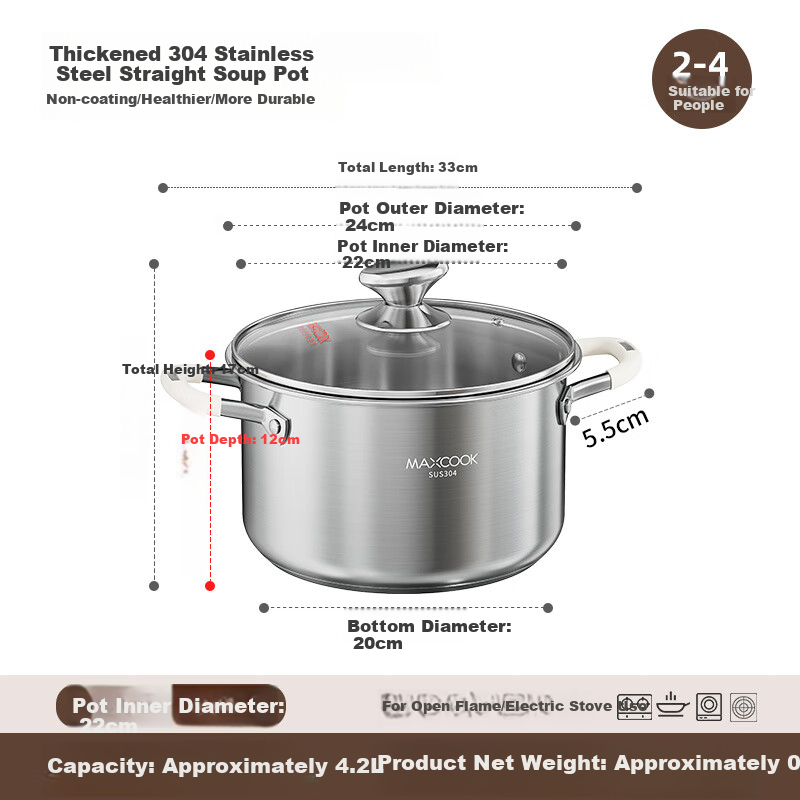 MAXCOOK Суповая кастрюля из нержавеющей стали 304 22 см толстое композитное дно совместимость с газовой и индукционной