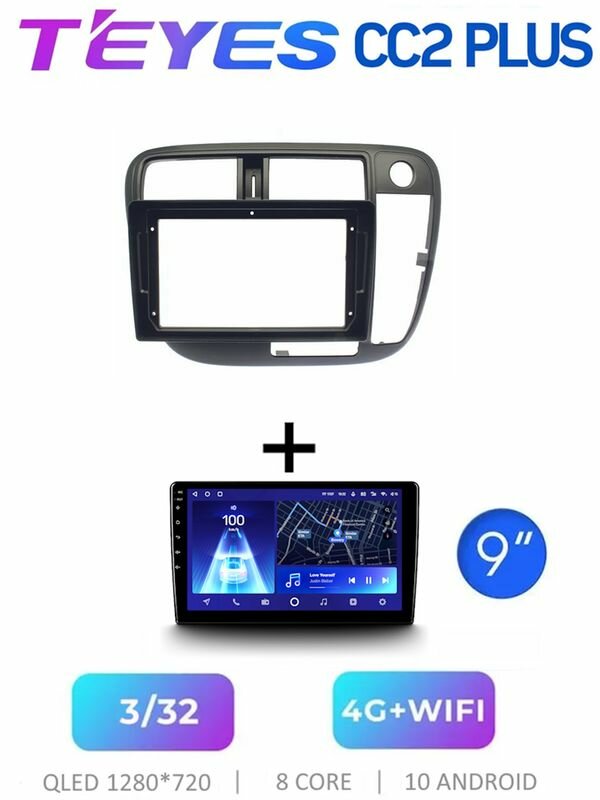 Магнитола 9" Teyes CC2 Plus 3/32 Gb для Honda Civic 6 1996-1999 Правый руль климат-контроль