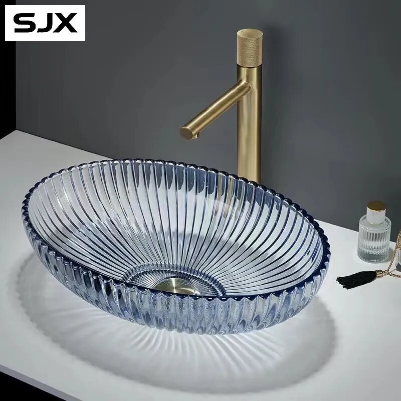 Стеклянная овальная раковина для ванной, отелей, голубая, 51x15 см