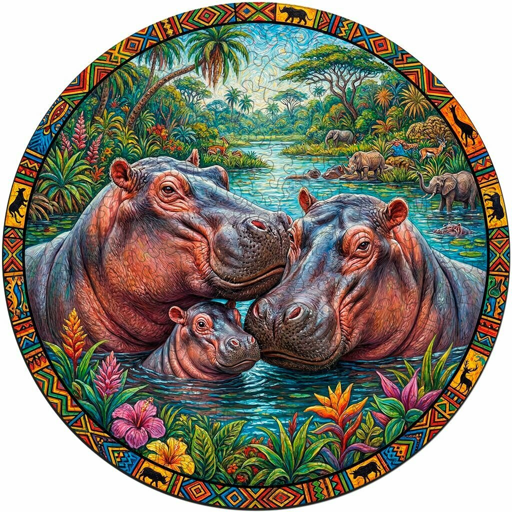 Деревянный пазл BoberBox "Семья бегемотов", 217 деталей, круглый 30 см