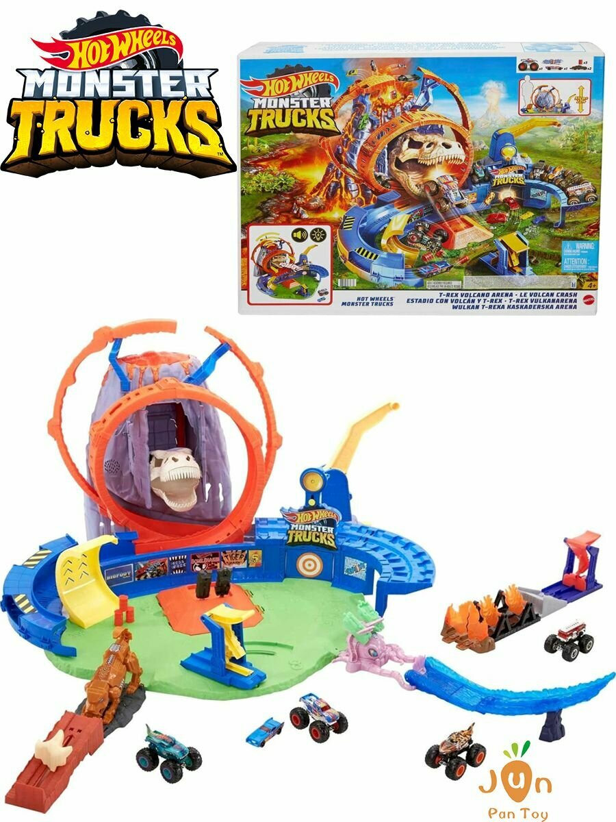 Игровой набор Hot Wheels Monster Trucks T-Rex Volcano / Игрушечный набор Tyrannosaurus Volcano с подсветкой и звуками, грузовиком-монстром в масштабе 1:64 и легкосплавной моделью автомобиля, GYL14