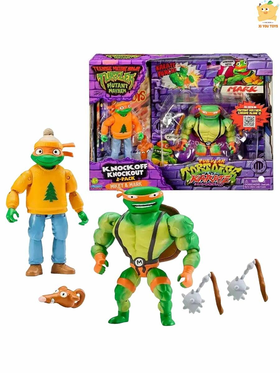 TMNT Mutant Mayhem Tubular Tortoise Karate Warriors Mikey & Mark / Шарнирные фигурки черепашек-ниндзя-подростков Майки и Марк, подходящие для детей в возрасте от 4 лет и старше.