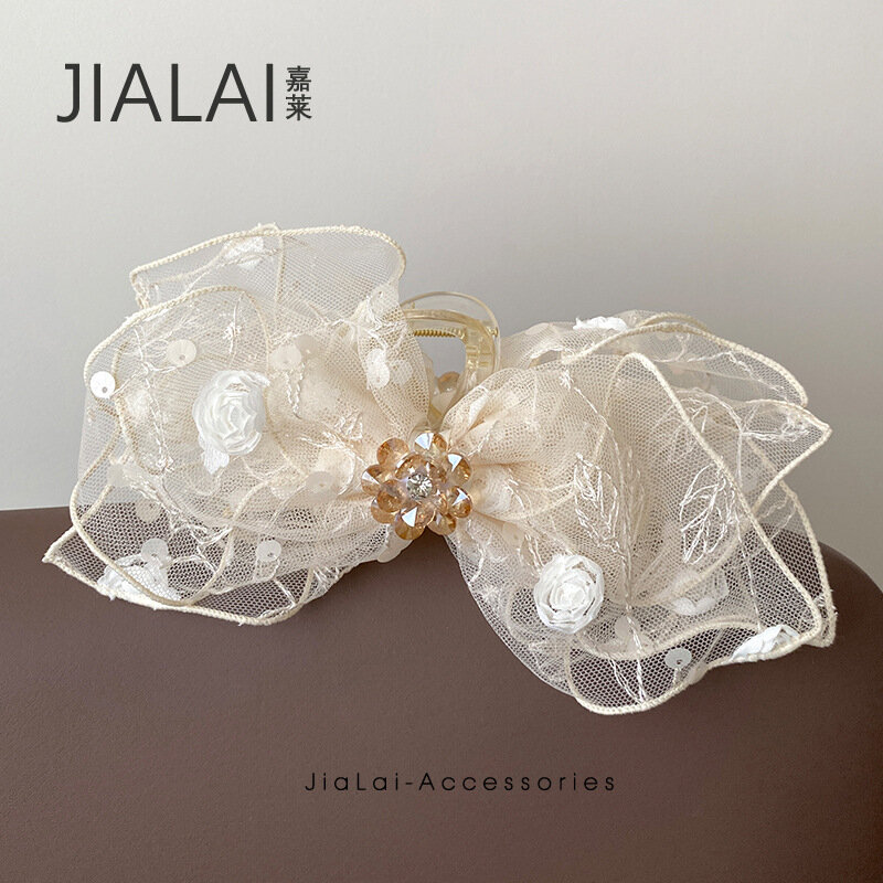 Заколка для волос с вышитым большим цветочным бантом в виде черной розы для женщин, черная заколка-краб из сетки для затылка.