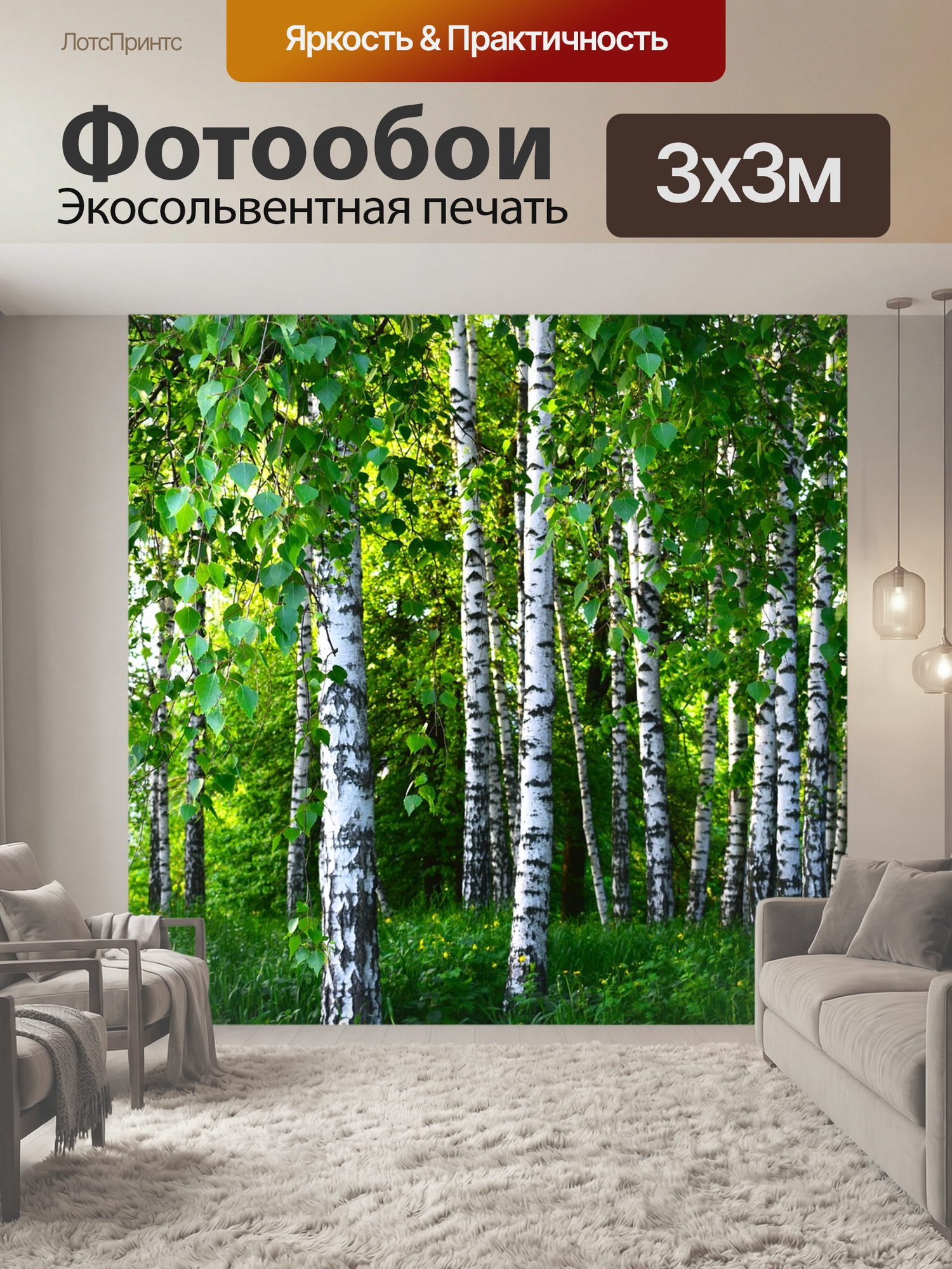 Фотообои "Березы, роща, лес" 300x300 см. экосольвентная печать