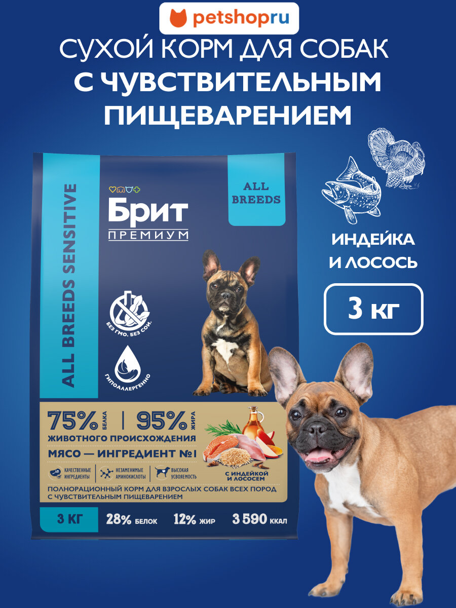 Brit Сухой корм с лососем и индейкой для взрослых собак всех пород с чувствительным пищеварением, 3 кг.