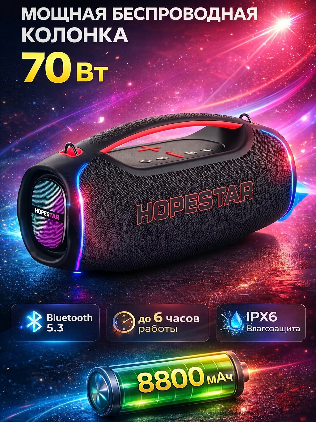 Портативная беспроводная колонка Hopestar H63 70 вт 8800 mAh чёрная