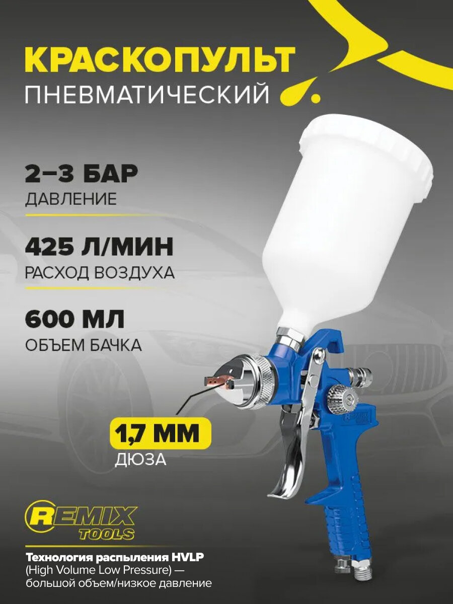 Краскопульт для компрессора REMIX TOOLS H-827, пневматический, 1.7 мм, 600 мл, окрасочный пистолет для авто и дерева