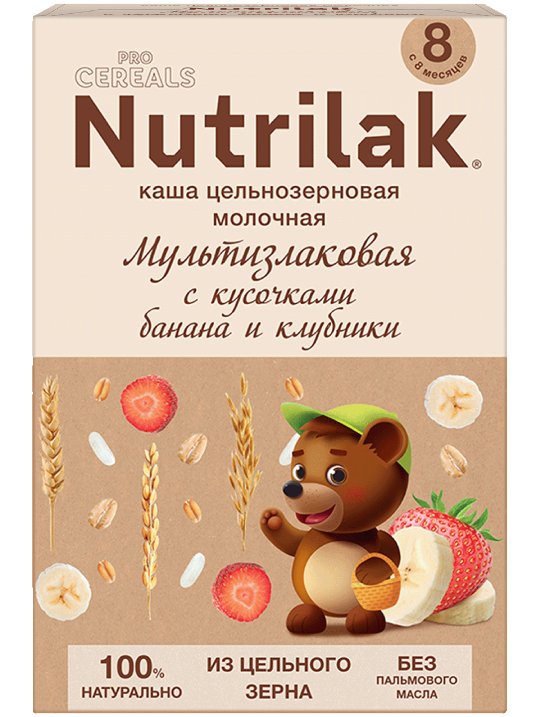 Каша Nutrilak молочная PROCEREALS Мультизлаковая c кусочками банана и клубники, с 8 месяцев, 200г