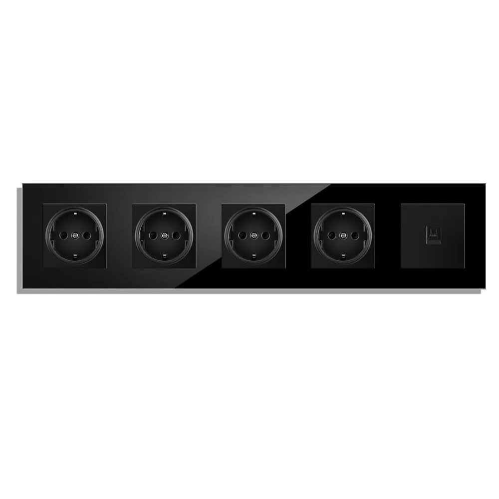 4 розетки + компьютерная розетка (RJ45-Cat.6), 5 постов, стеклянная рамка 370x86 мм, чёрная.