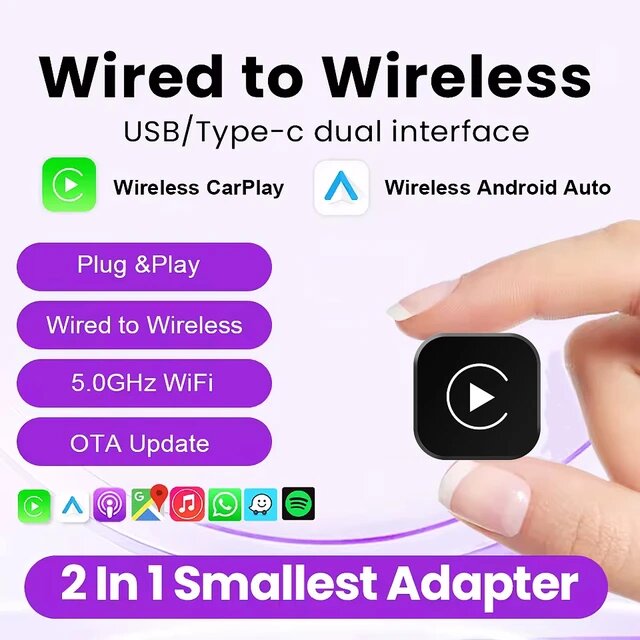 Беспроводной адаптер CarPlay Android Auto 2-в-1 Smart Dongle 2025 5G WIFI для iPhone, телефонов Android, Volvo, Mercedes-Benz, MG, Kia, Chery и Volkswagen
