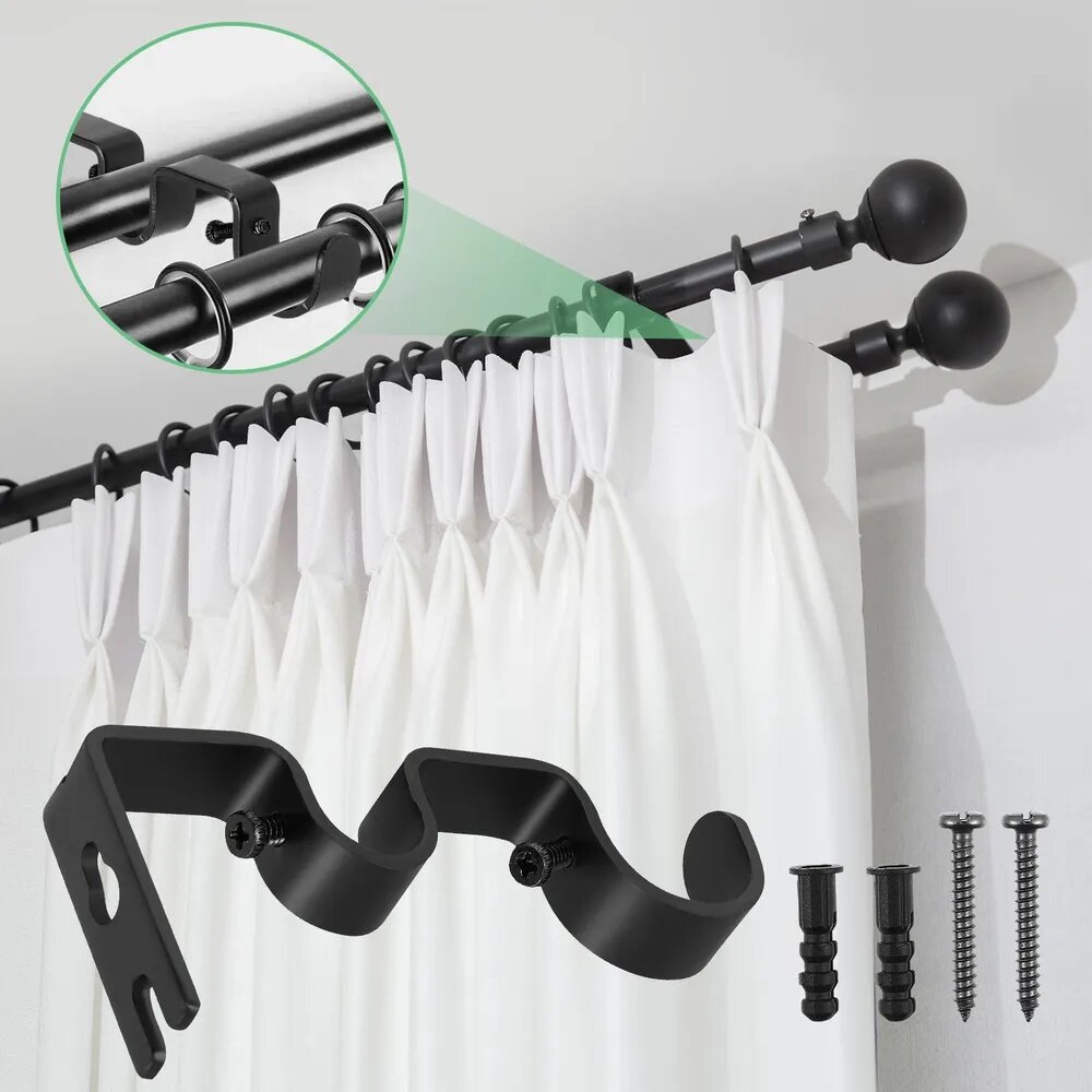 Кронштейн для двойного карниза из черного металла для крепления штор, набор из 2 шт