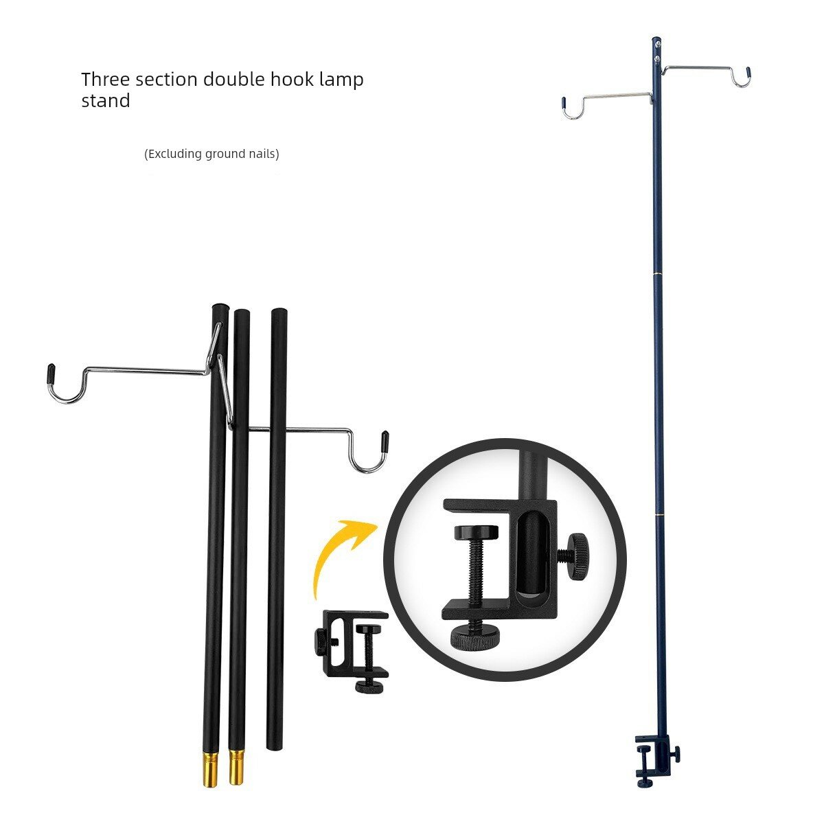 Чёрная двойная крючковая стойка для фонаря, без штыря, с сумкой для хранения для походов