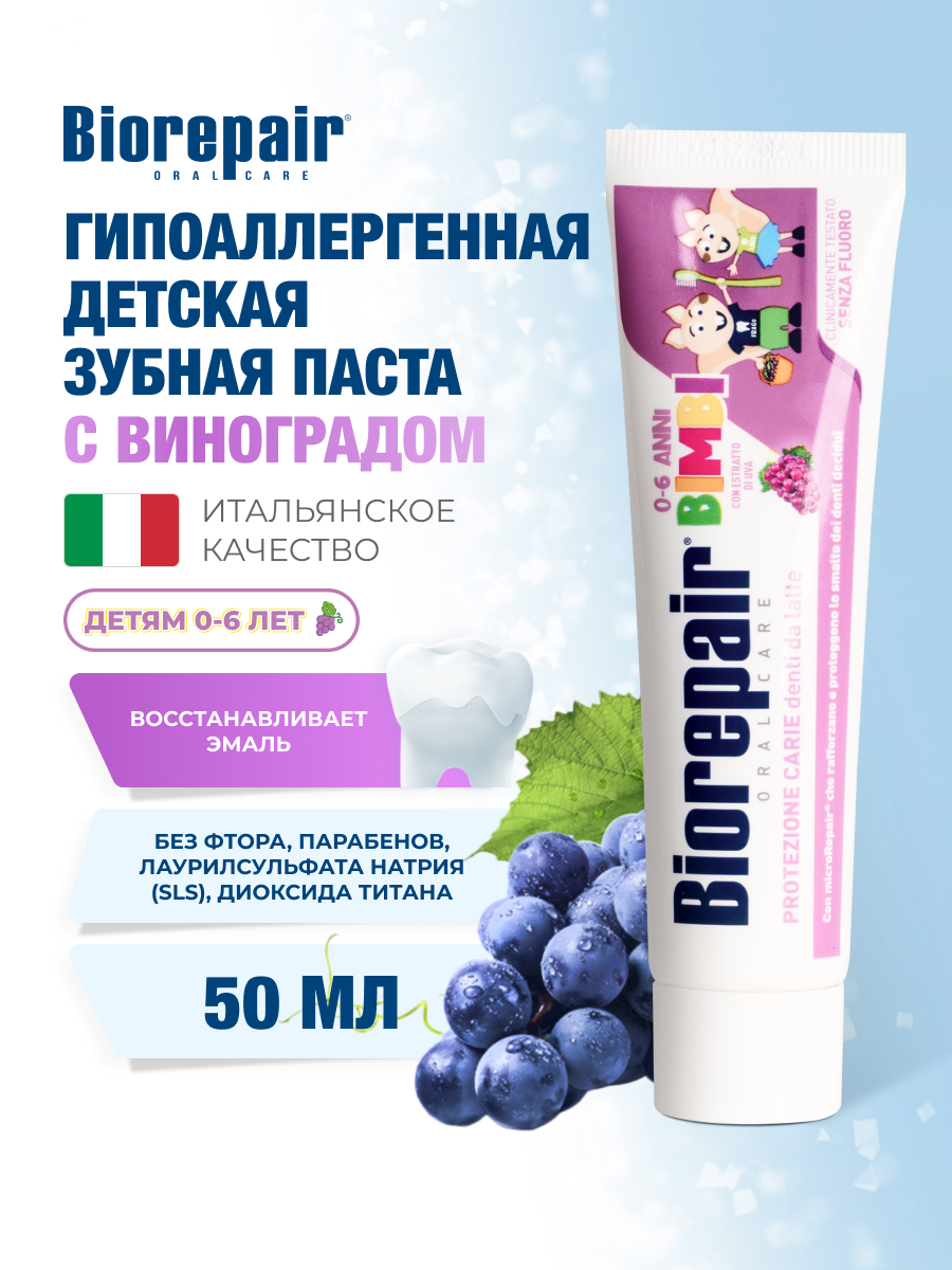 Зубная паста Biorepair Kids с экстрактом винограда для детей от 0 до 6 лет, 50 мл