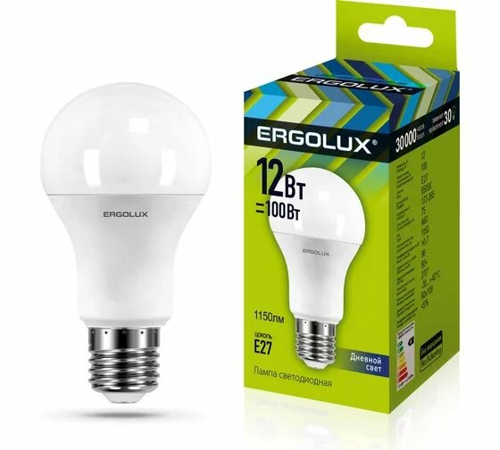 Электрическая светодиодная лампа Ergolux LED-A60-12W-E27-6K ЛОН 12Вт E27 6500K