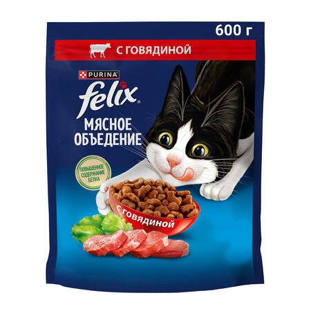 FELIX Мясное Объедение 2 шт по 600 г, сухой корм для взрослых кошек, с говядиной