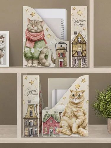 Лоток для бумаг вертикальный картонный а4+, набор 4 штуки, Котики