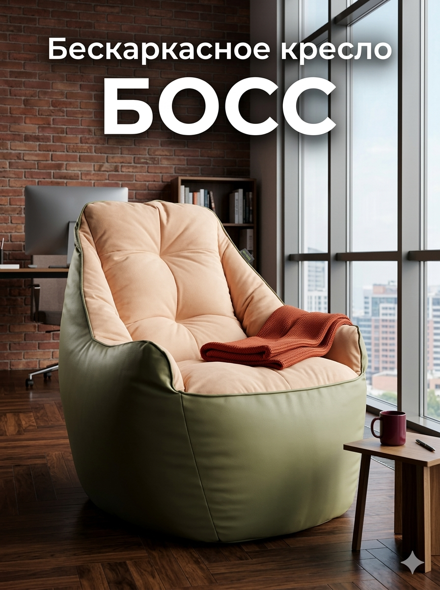 Кресло-мешок Пуффбери «Босс», размер большой, Эко-кожа и велюр Оливка и бежевый
