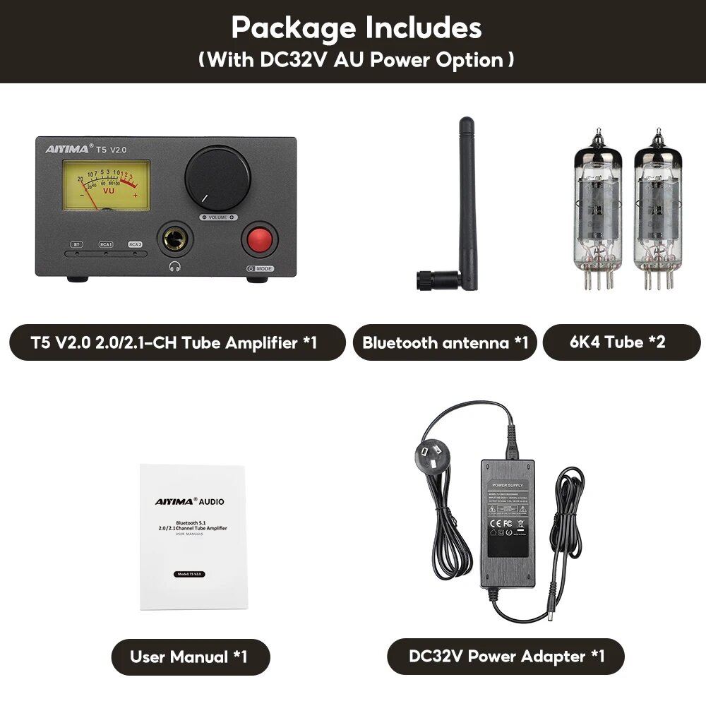 AIYIMA T5 V2.0 Bluetooth усилитель для наушников, Цвет: T5 V2.0 with AU