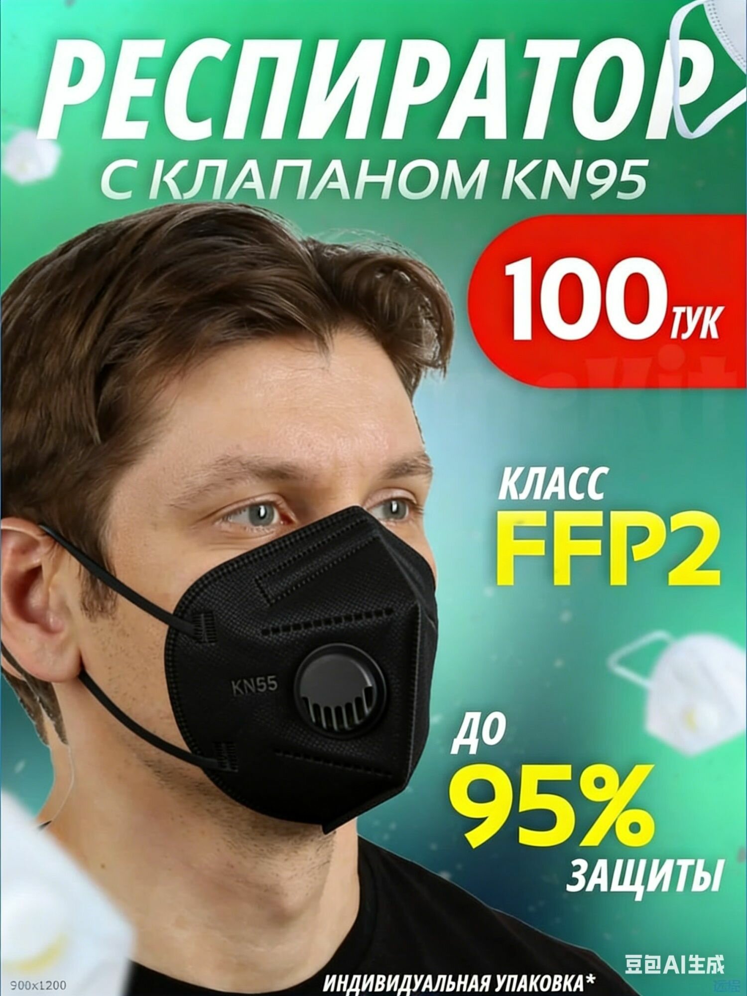 Респиратор FFP2 с клапаном дыхания многоразовый 100 шт