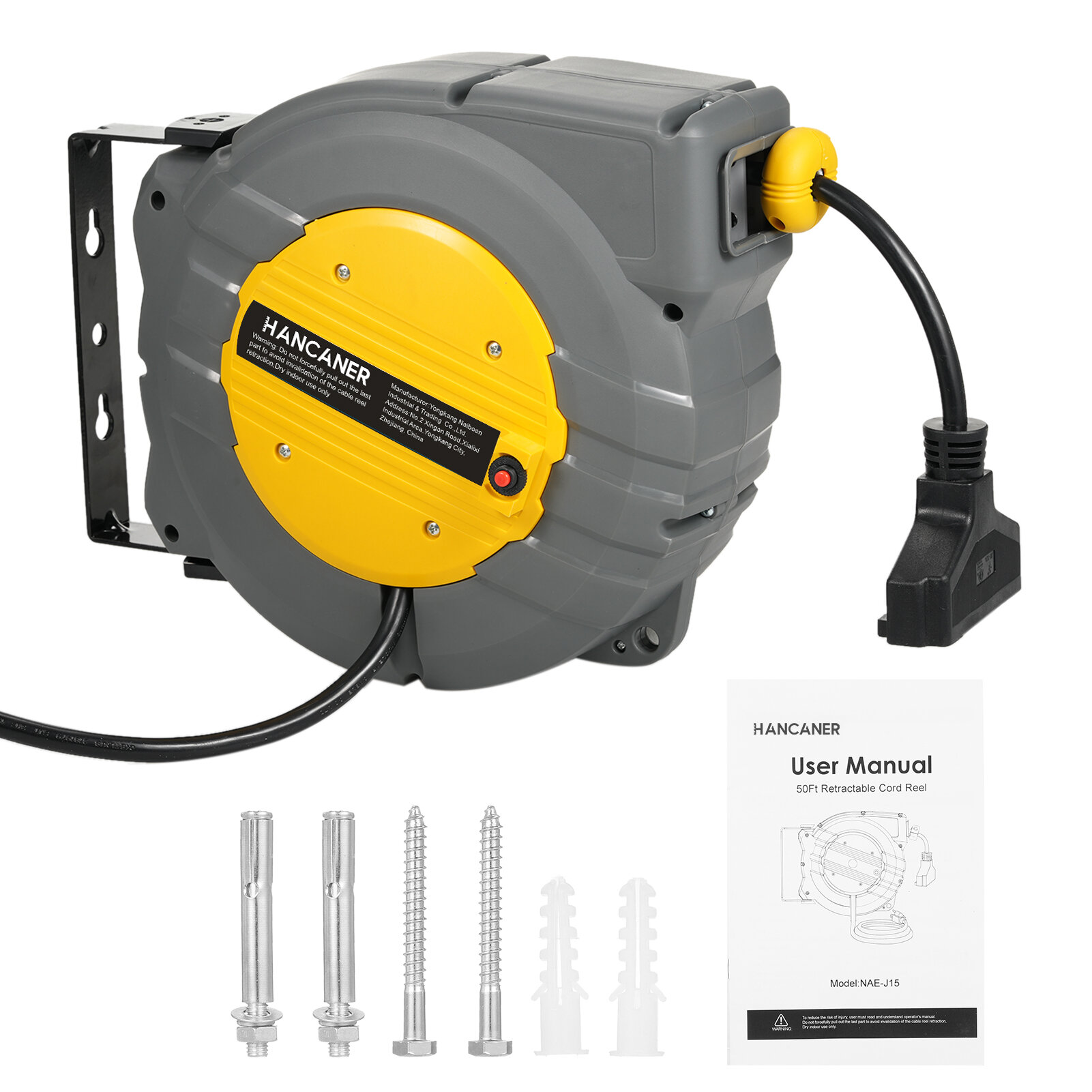 Удлинитель на катушке, 50+4.5 фута, 12AWG 15.6А, 3xSJT, заземление, тройной, US 120В, настенный/потолочный монтаж