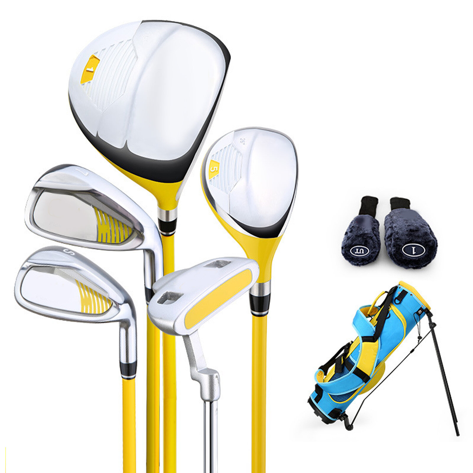 Детский клубный набор из 5 предметов: деревянные клюшки, айроны и паттер из сплава, с подставкой, сумкой и чехлами для клюшек, для начинающих, мальчиков и девочек, желтый, 6-8 лет.