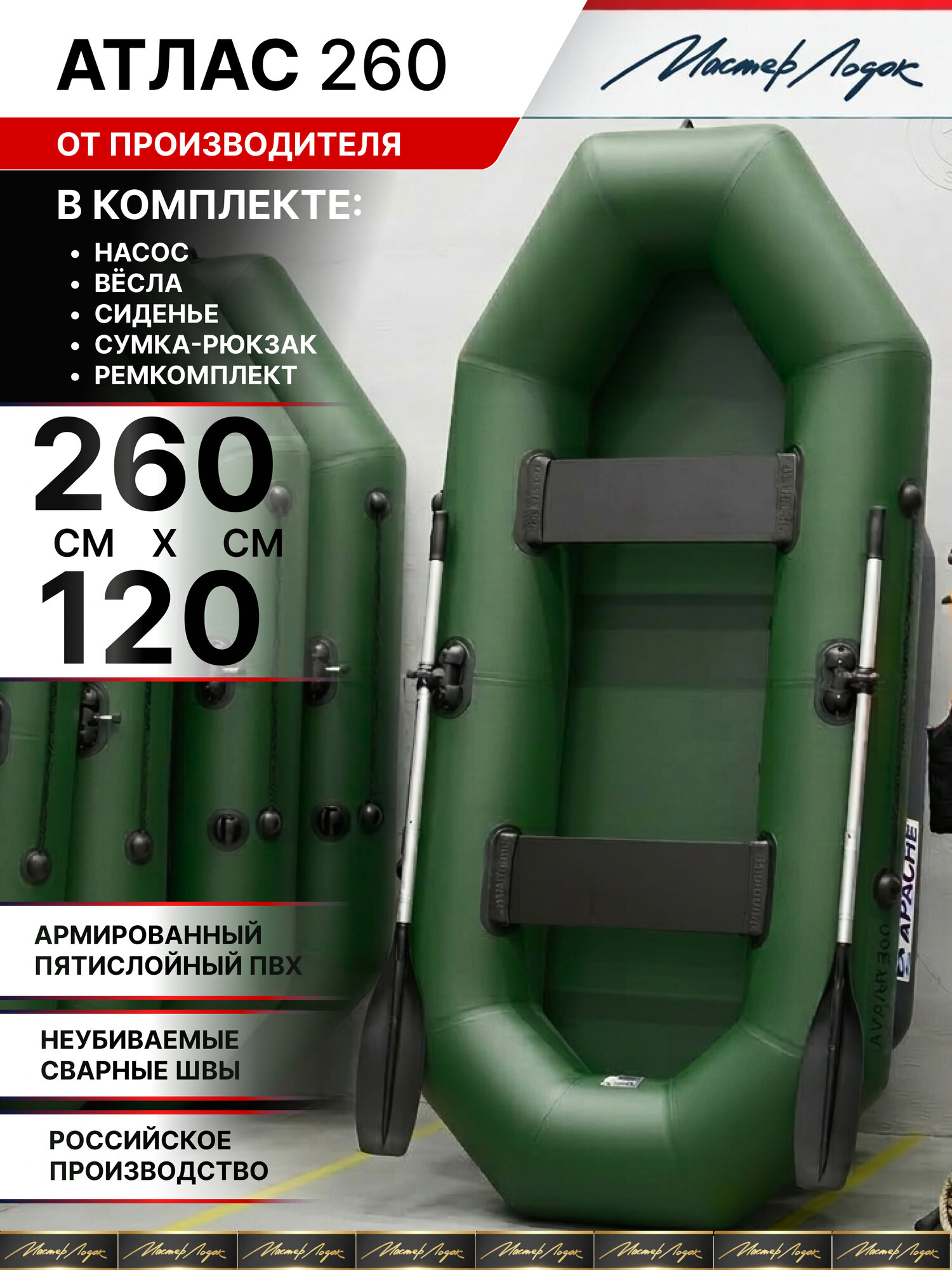 Лодка надувная ПВХ Атлас 260 для рыбалки гребная Мастер Лодок