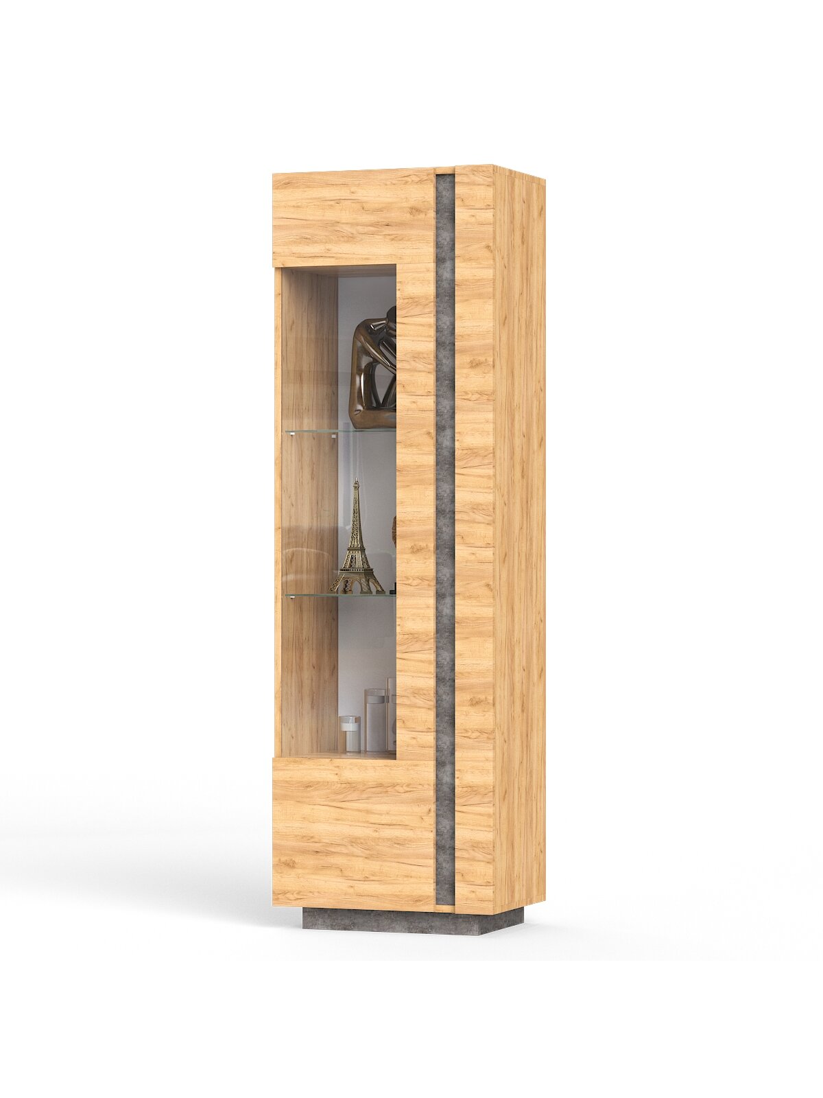 Шкаф-витрина Арчи цвет дуб крафт золотой/камень тёмный, ШхГхВ 60х41,3х193,7 см, подсветка за стеклом