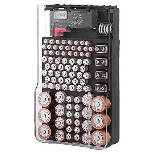 Кейс для хранения батарей с шарнирной прозрачной крышкой и тестером, поддерживающий 93 разных размеров, черного цвета