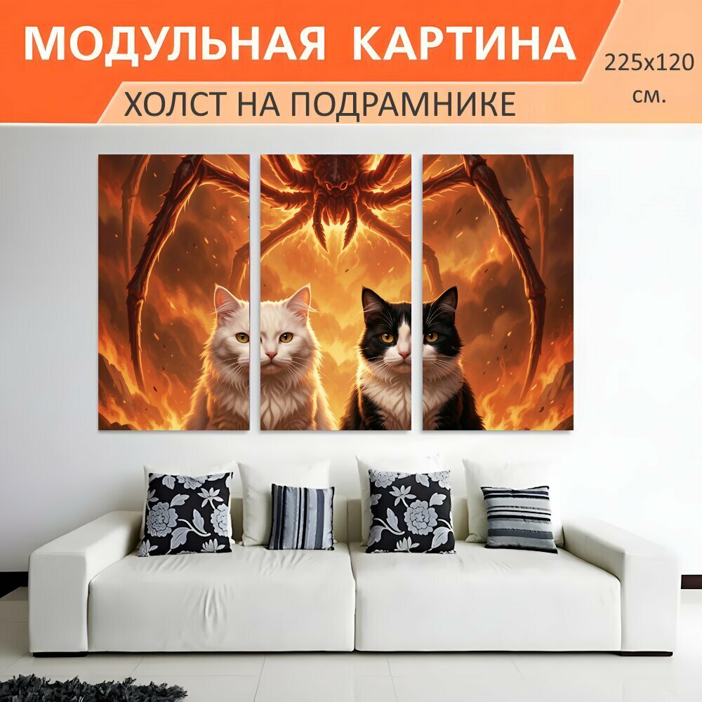 Модульная картина на холсте "Коты перед огненным пауком. Два пушистых питомца сидят на фоне яркого пылающего паука в стиле фэнтези, с." триптих на подрамнике 225х120 см. для интерьера