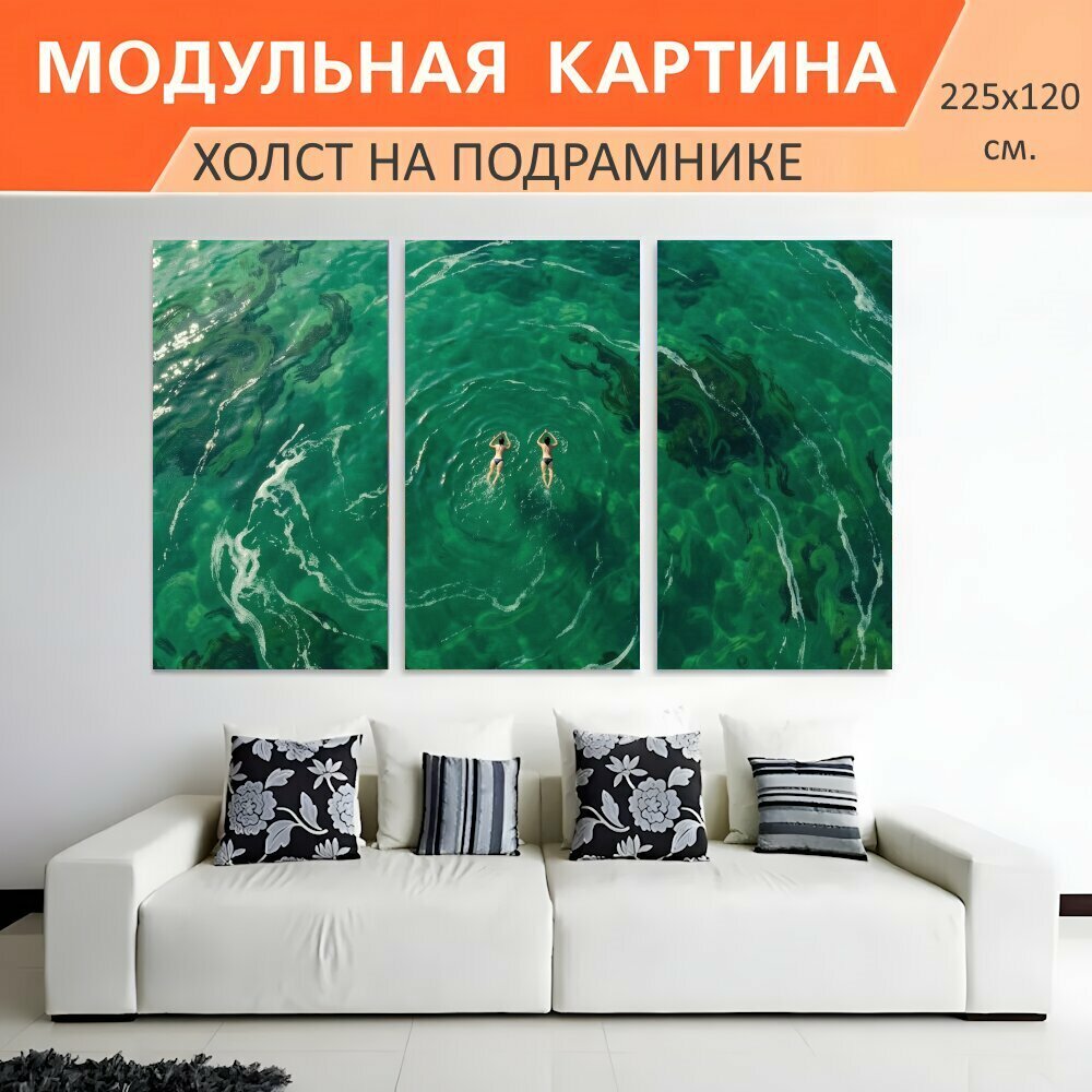 Модульная картина на холсте "Два пловца в прозрачной воде. Вид сверху на двоих людей в бирюзово-зеленом море с солнечными бликами и." триптих на подрамнике 225х120 см. для интерьера