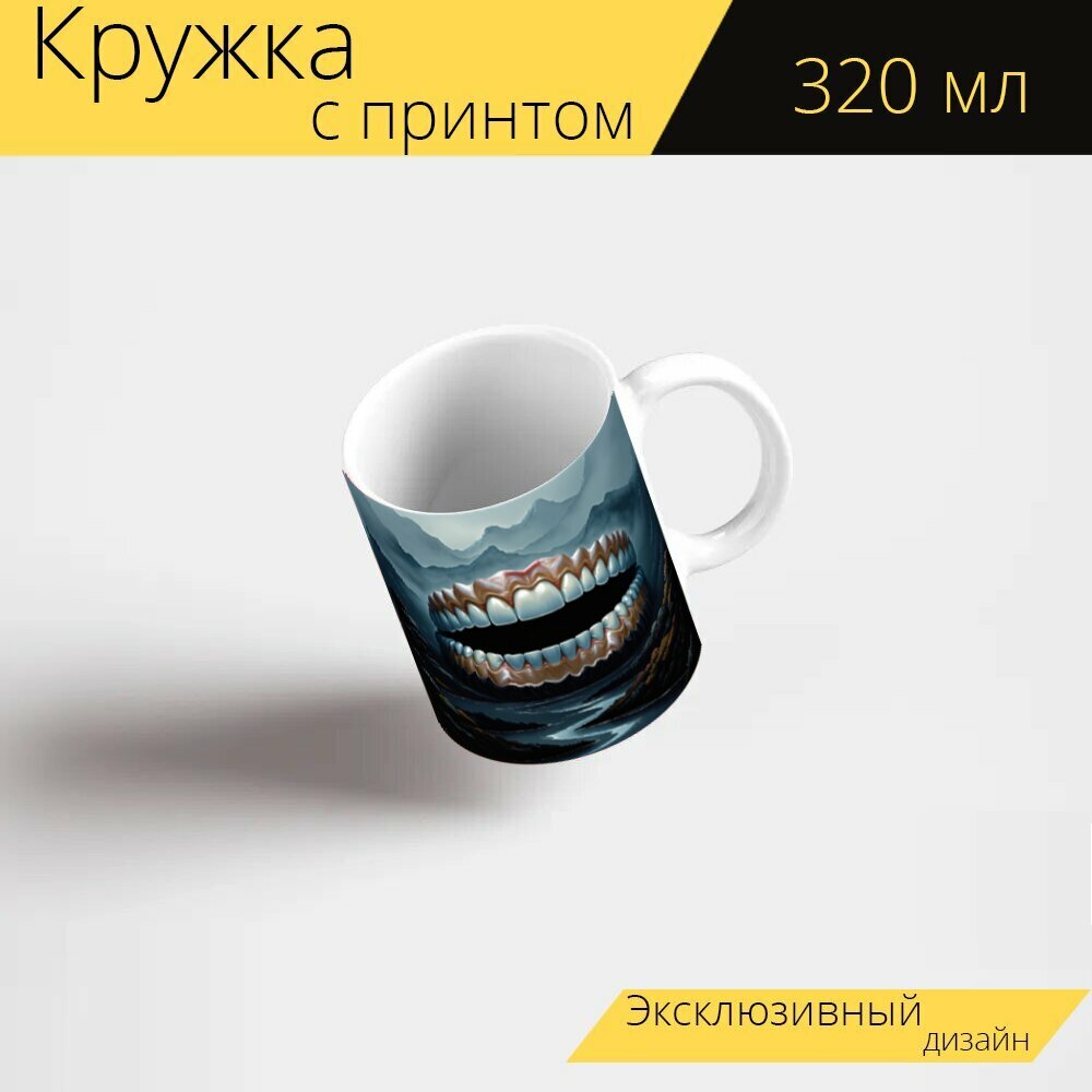 Кружка с рисунком, принтом "Художественное изображение, где зубы показаны в виде ландшафта, на фоне которого туманно и загадочно. эта работа выполнена в технике масла с." 320 мл.