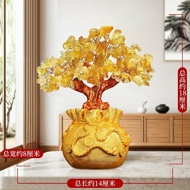 Натуральное украшение в виде денежного дерева из желтого цитрина, дерево удачи из натурального камня, элитный подарок на новоселье и для декора гостиной.